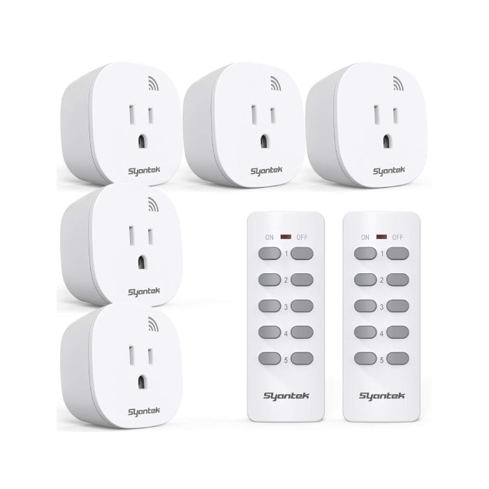Syantek Remote Control Outlet | 5 Outlets + 2 Remotes | 100-ft RF